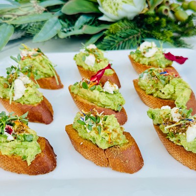Gluten Free & Vegan Avocado Smash Mini Toasts with cherry tomato, snow ...